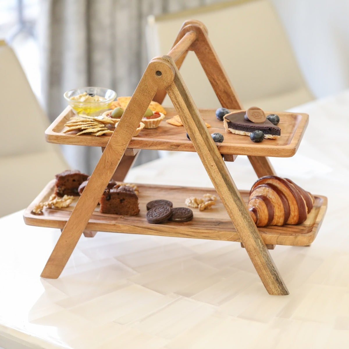 Wooden 2 Tier Serving Platter | Foldable Tiered Serving Tray – Pastiche
